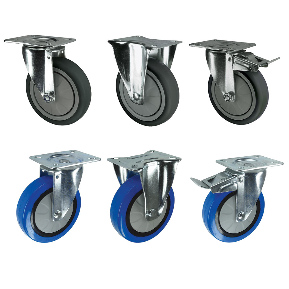 B11. Institutional Medium Duty Castors. Plate Fix. Grey or Blue Rubber ...